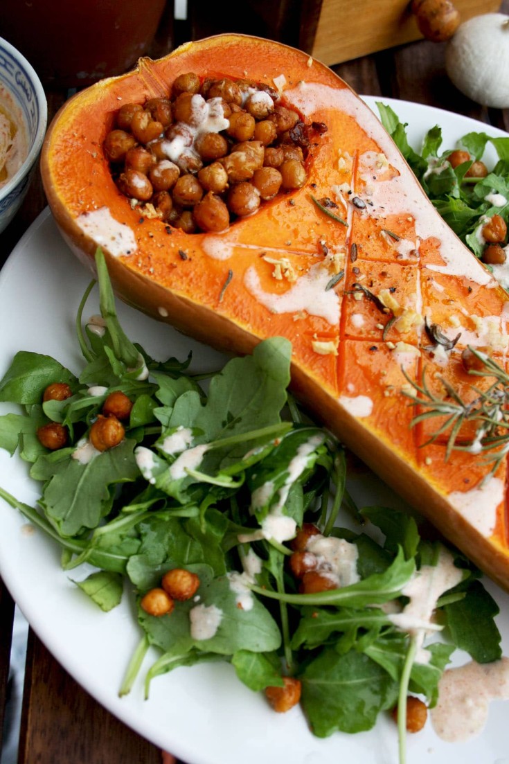 Roasted Butternut Squash with Chick Peas and Tofu Dip • Happy Kitchen