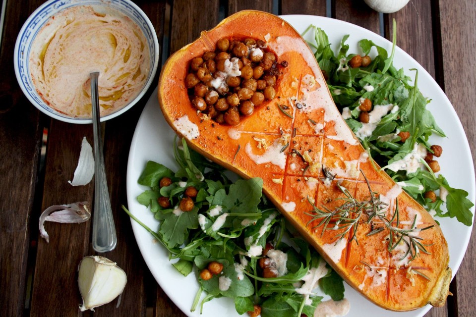 Roasted Butternut Squash with Chick Peas and Tofu Dip • Happy Kitchen