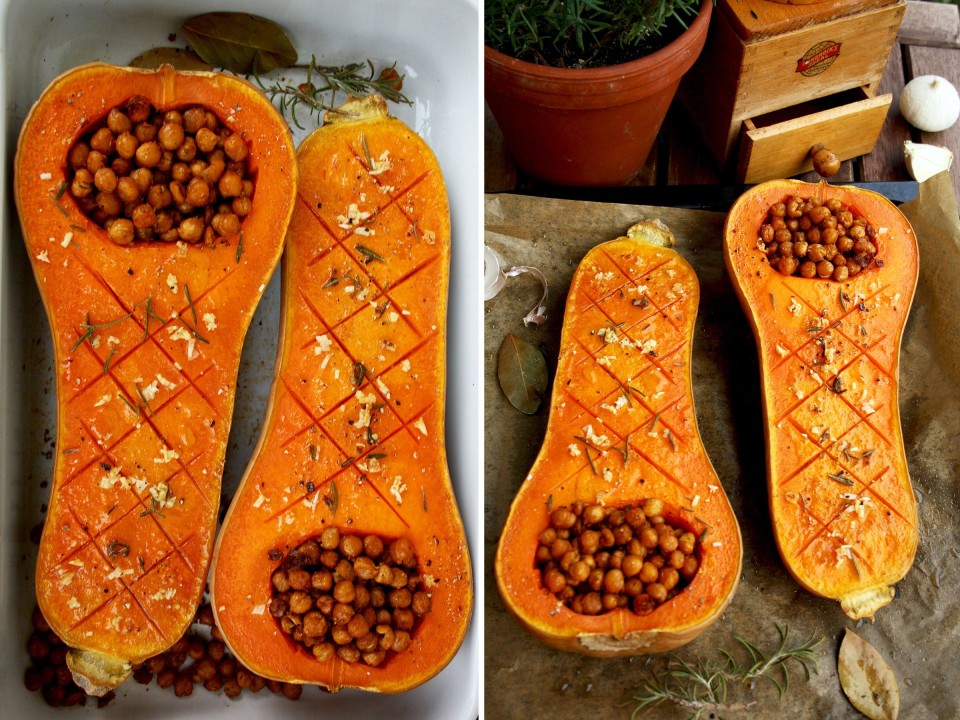 Roasted Butternut Squash with Chick Peas and Tofu Dip • Happy Kitchen