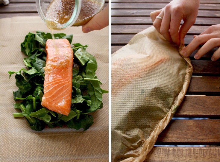 Easy Parchment Salmon with Spinach • Happy Kitchen
