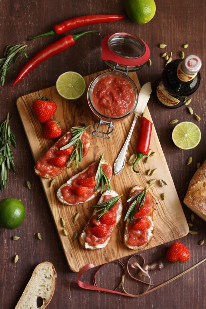 Goat Cheese Crostini with Rhubarb Chutney • Happy Kitchen