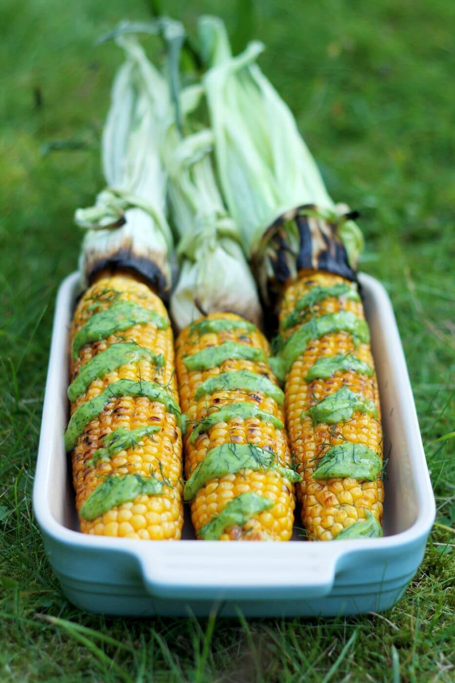 Grilled Corn on the Cob with Creamy Avocado Dill Dressing • Happy Kitchen