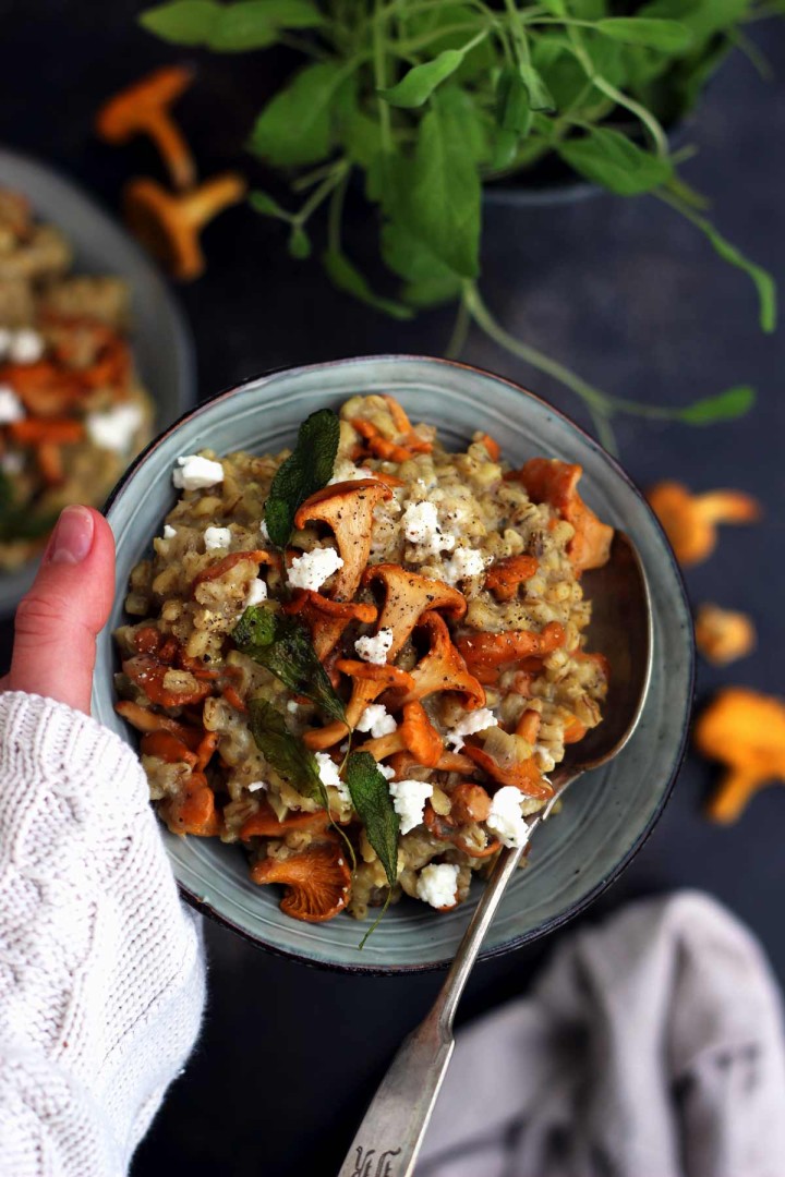 Easy Barley Risotto with Mushrooms and Goat Cheese • Happy Kitchen