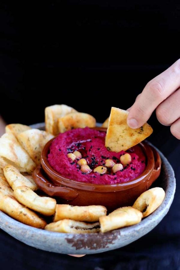 Roasted Beet Hummus with Pita Chips • Happy Kitchen